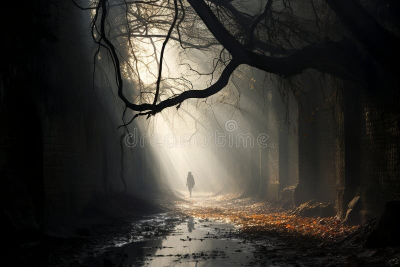 Person Walking through Dark Forest with Sunlight Filtering through ...