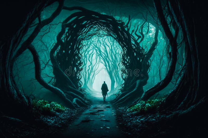 Person Walking through Dark Tunnel in the Woods. Generative AI Stock ...