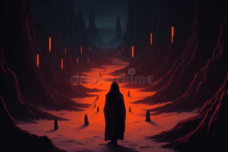 A Person Walking in a Dark Valley with Red Light Stock Illustration ...