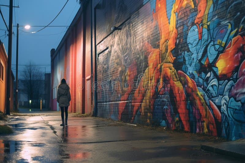 A Person Walking Down an Alley with Graffiti on the Wall Stock ...