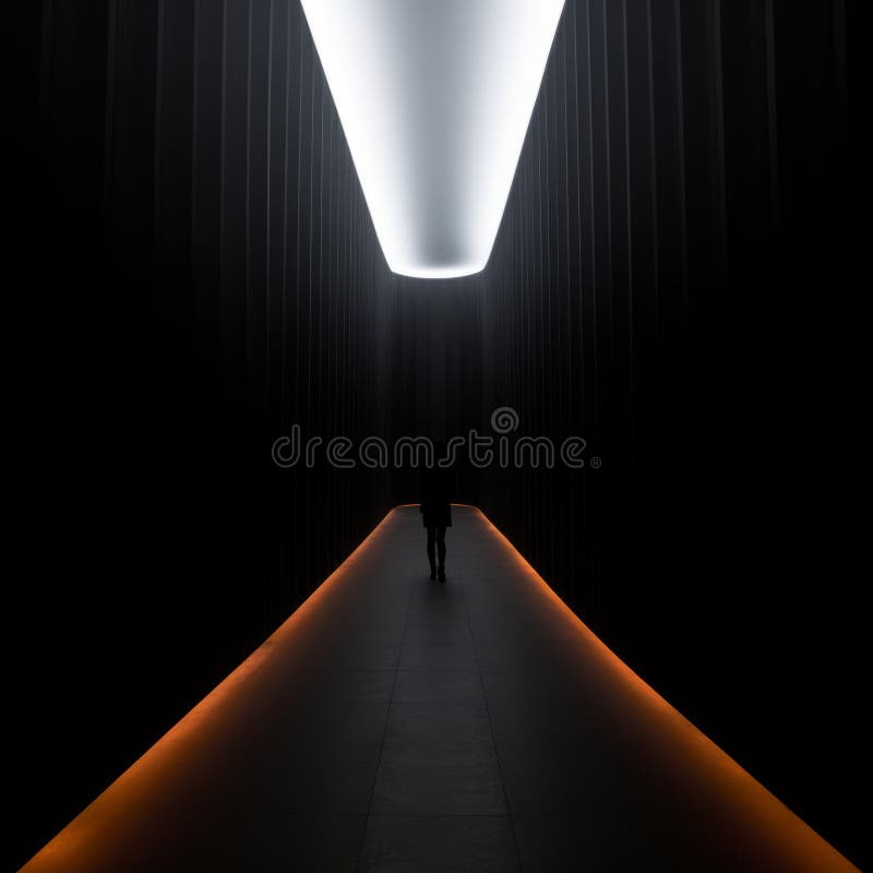 A Person Walking Down a Dark Hallway with a Light at the End Stock ...