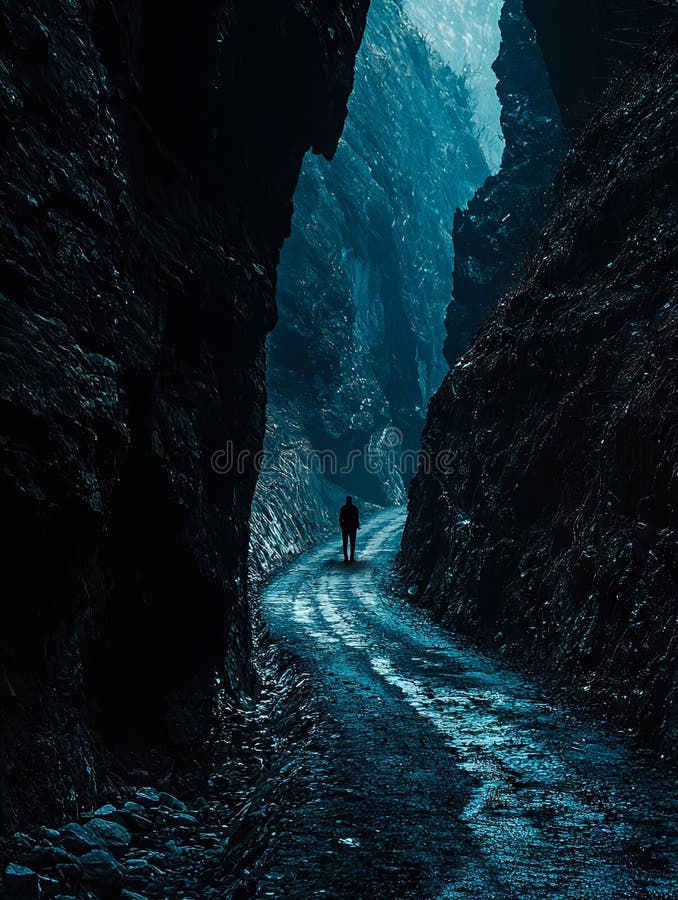A Person Walking Down a Dark Road in a Dark Cave Stock Photo - Image of ...