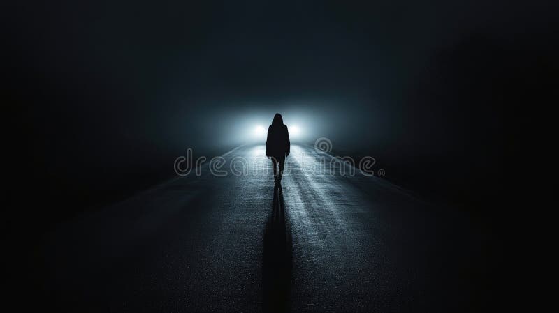 A Person is Walking Down a Dark Road at Night, the Darkness and ...