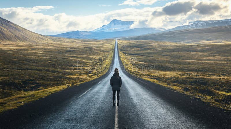 A Person is Walking Down a Long Road in a Desolate Area Stock ...