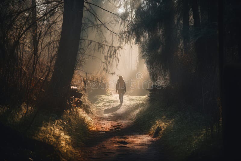 A Person Walking Down a Path in the Woods at Night Stock Illustration ...