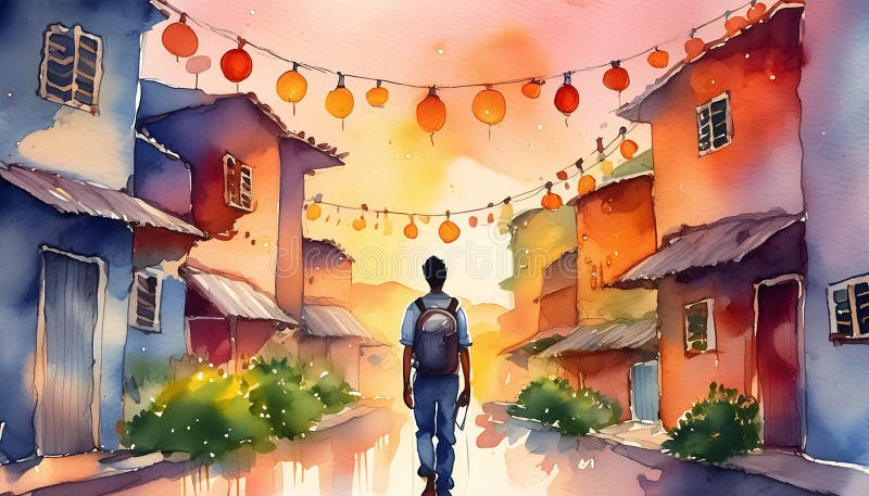 A Person Walking Down a Quaint Street at Sunset Stock Illustration ...