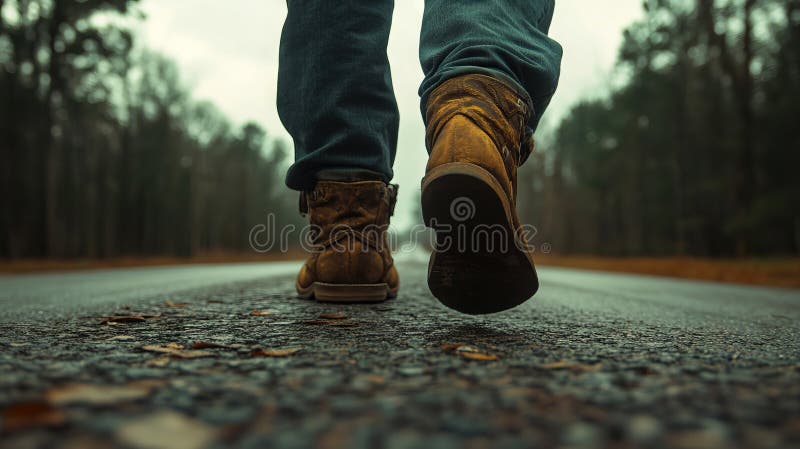 A Person Walking Down a Road with Their Feet in the Air Stock Photo ...