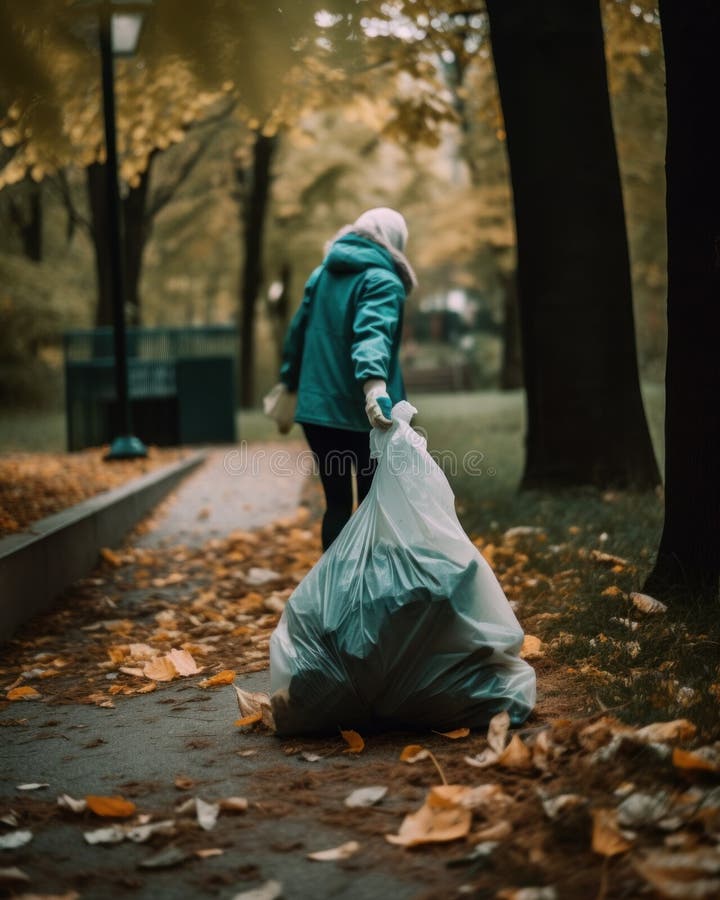 A Person Walking Down a Sidewalk with a Bag of Garbage. AI Generative ...