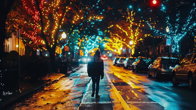 A Person Walking Down a Street with Lights on the Trees, AI Stock Photo ...