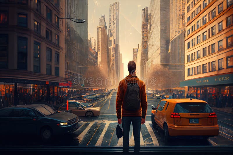 Person, Walking Down the Street, with View of Busy Intersection in the ...