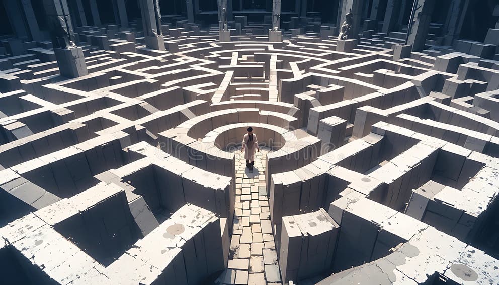 Person Navigating Complex Maze Structure Concept with Intricate Stone ...