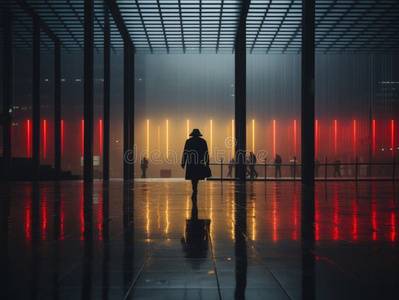 A Person Walking through an Empty Building at Night with Red Lights ...