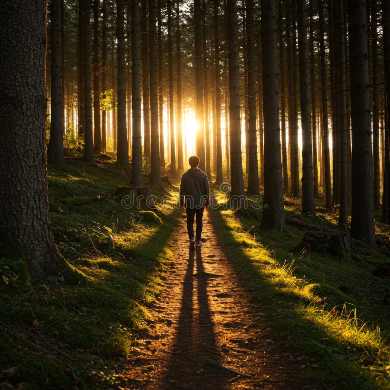 Person Walking on Forest Path at Sunset Stock Illustration ...