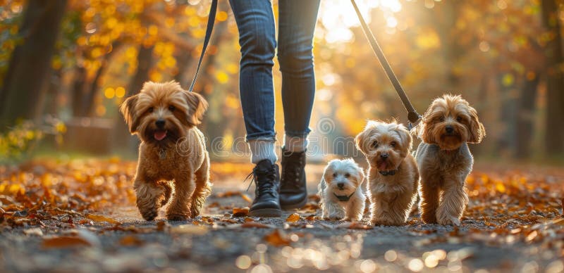 Person Walking Four Dogs on Path through Autumn Forest Stock Photo ...