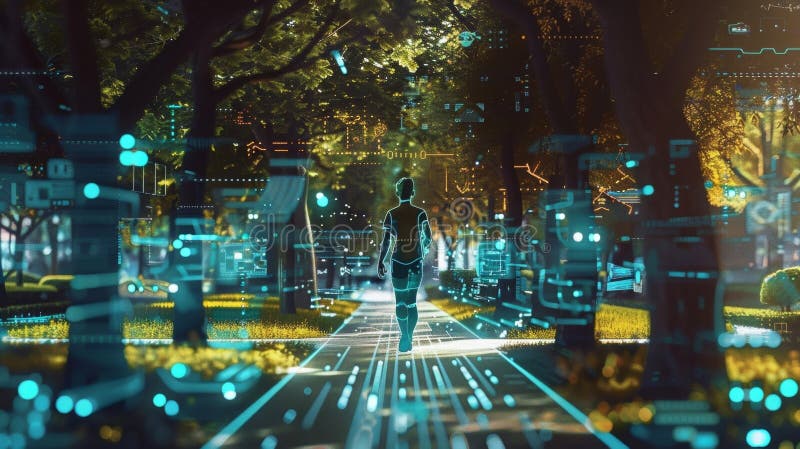 Person Walking in Futuristic Park with Digital Interface Overlay Stock ...