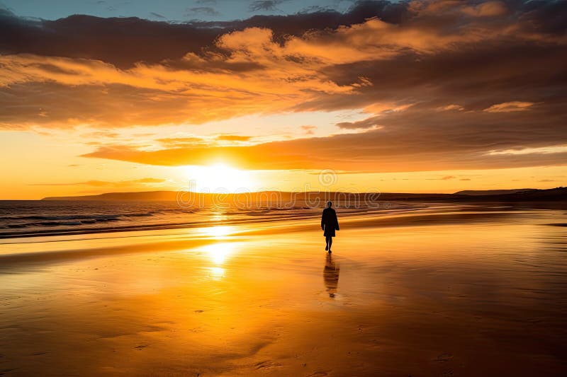 Person, Walking on Golden Beach, with Sunset in the Background Stock ...