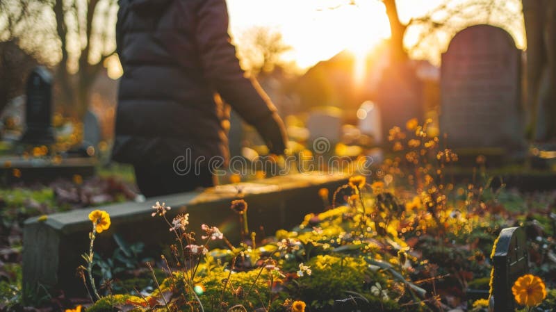 A Person Walking through a Graveyard with Flowers and Grass, AI Stock ...