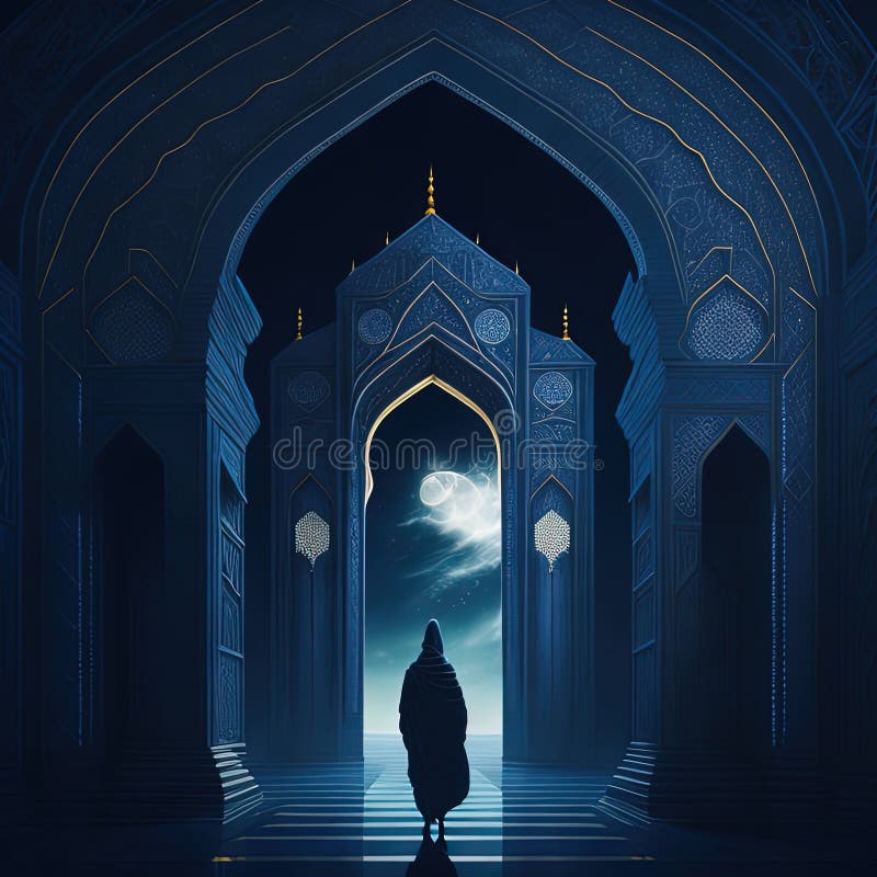 A Person is Walking in a Hallway with the Moon and Mosque in the ...