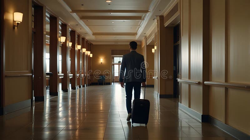 A Person Walking through a Hotel Corridor Pulling a Rolling Suitcase ...