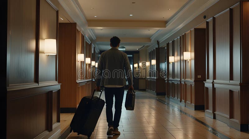 A Person Walking through a Hotel Corridor Pulling a Rolling Suitcase ...