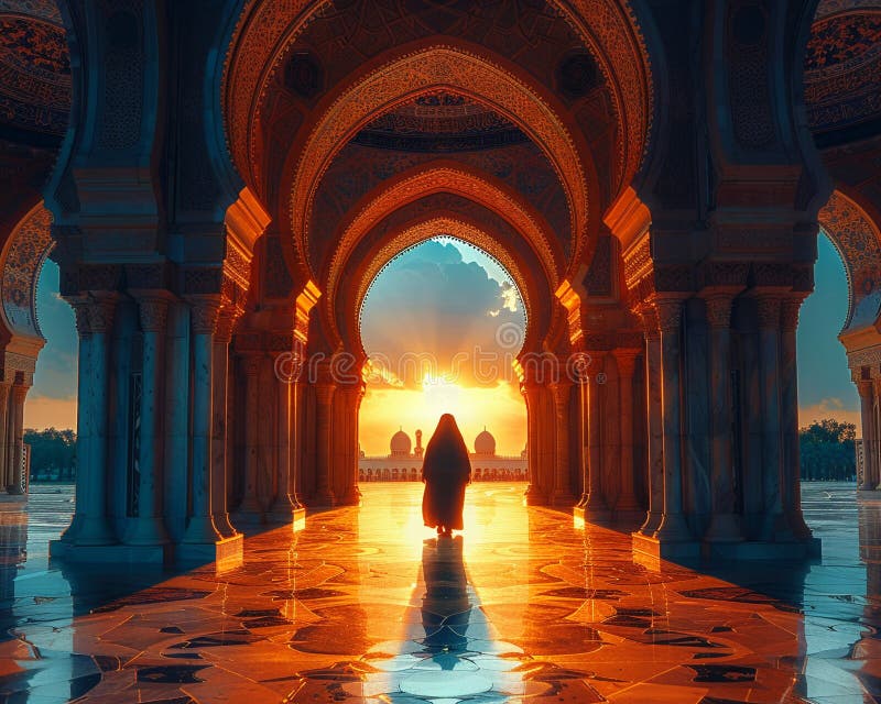 Person Walking through a Mosques Archway Medium Shot Stock Image ...