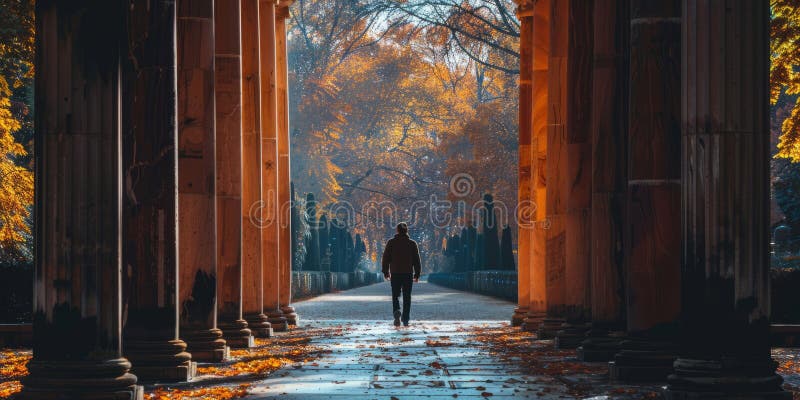 Person Walking in the Park with High Pillars Stock Image - Image of ...