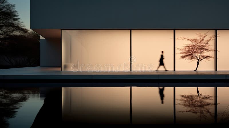 A Person Walking Past a Building with a Reflection in the Water ...