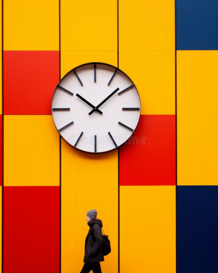 A Person Walking Past a Large Clock on a Wall Stock Illustration ...