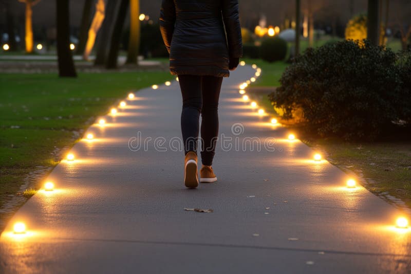 Person Walking on Pathway with Led Lights Lining the Sides Stock Image ...