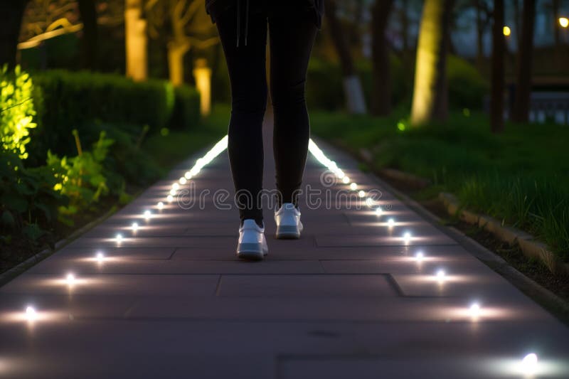Person Walking on Pathway with Led Lights Lining the Sides Stock Photo ...