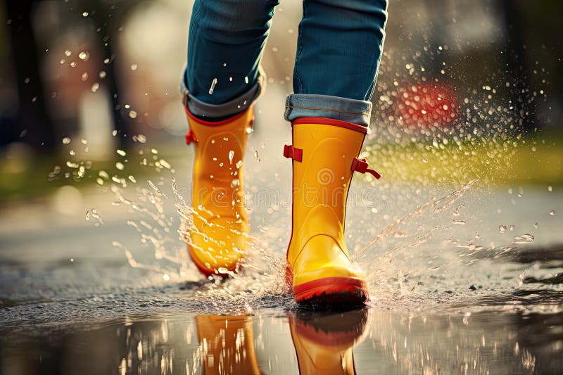 Person Walking through Puddle after Rain. Yellow Boots Close Up ...