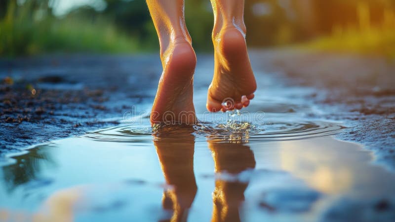 A Person Walking in a Puddle of Water with Their Feet, AI Stock Image ...