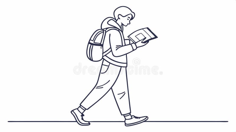 Person Walking and Reading Book with Backpack, Portable Learning Vector ...