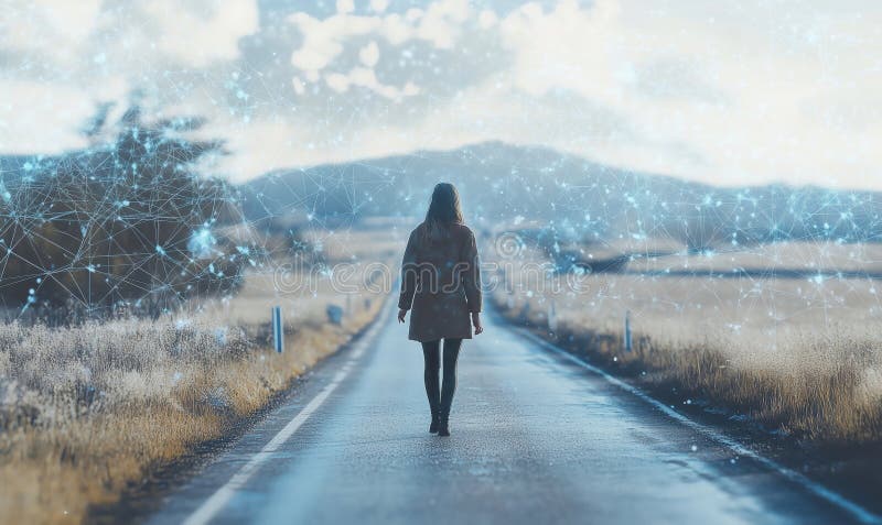 Person Walking on Road with Digital Network Overlay in Serene Landscape ...