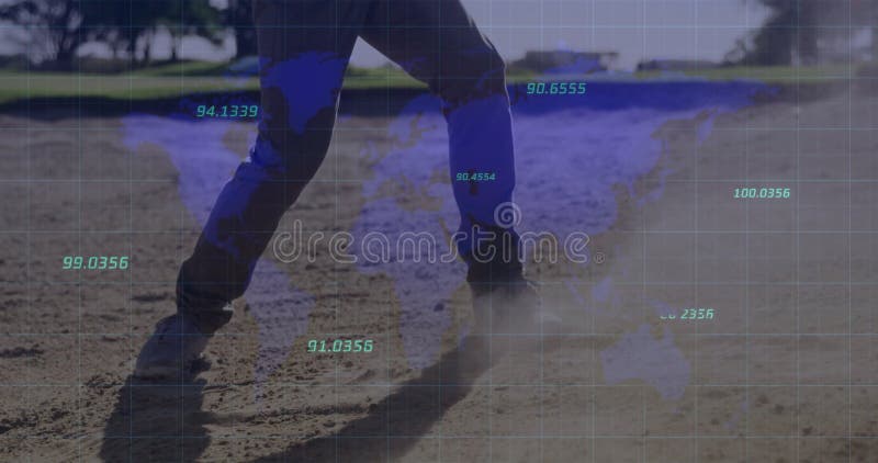 Person Walking on Sandy Ground with World Map and Data Overlay ...