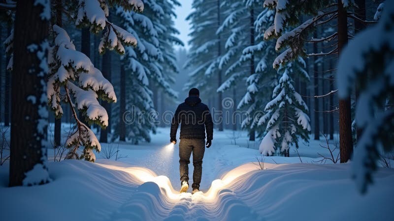 Person Walking on Snow Path through Forest with Flashlight Stock ...