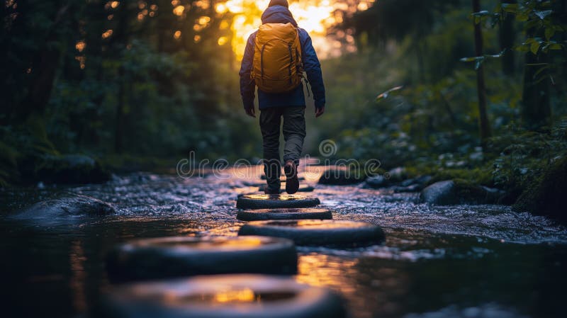 Person Walking Stepping Stones Over Forest Spring Stock Photos - Free ...