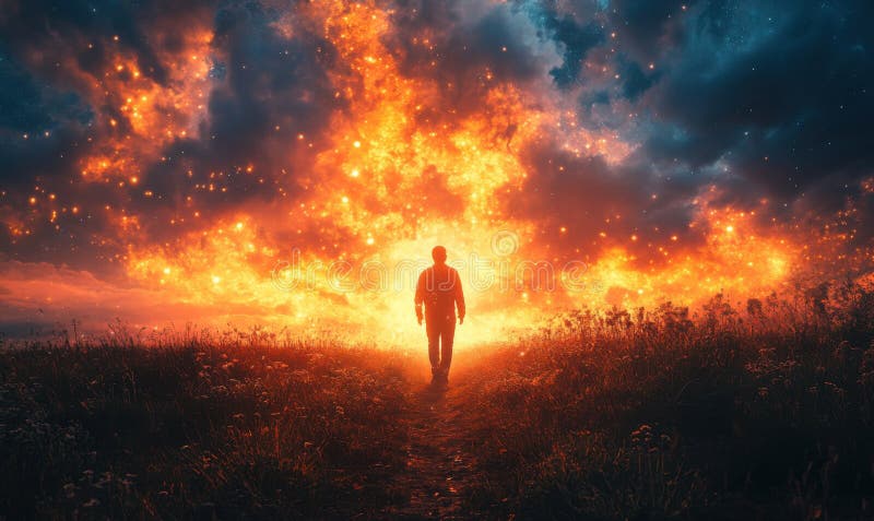 Person Walking Toward a Vivid Fiery Explosion at Dusk Stock Photo ...
