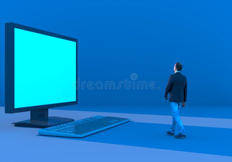 Person Walking Towards a Computer on Blue Background. 3d Illustration ...