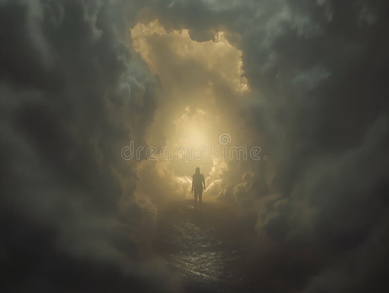 Person Walking Towards Light in Cloudy Pathway Stock Image - Image of ...