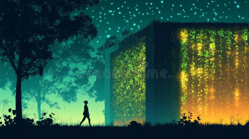 Person Walking Towards Luminous Structure in Pixel Art Forest at Night ...