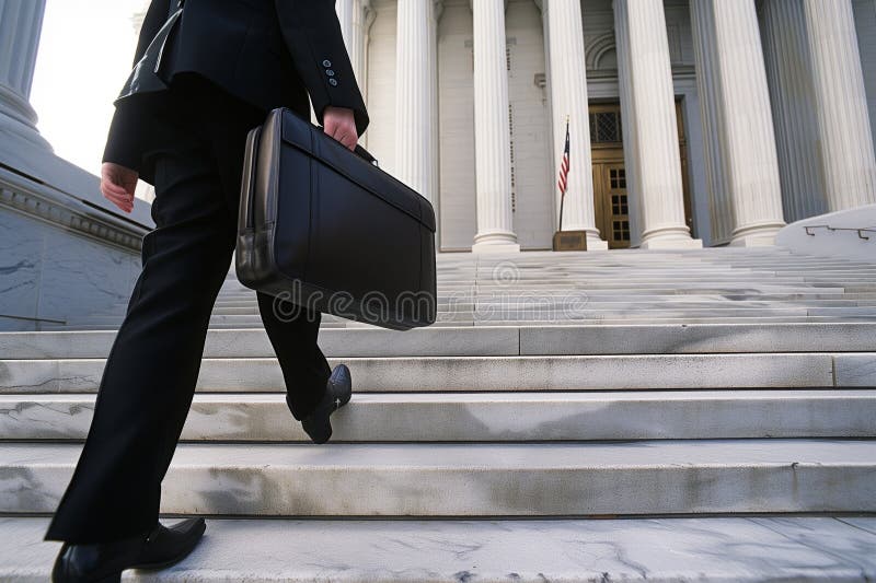 Person Walking Up Courthouse Steps with Briefcase in Hand Stock ...