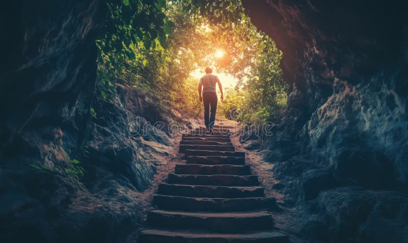 Person Walking Up Stone Steps through Cave Towards Bright Light ...