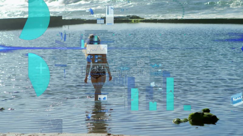 Person Walking in Water with Data Visualization Animation Over Ocean ...