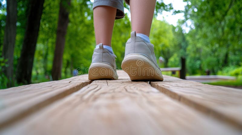 A Person Walking on a Wooden Walkway with Trees in the Background, AI ...