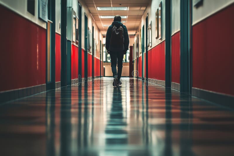 A Person Walks Alone Down a Long Corridor. the Walls are Painted Red ...