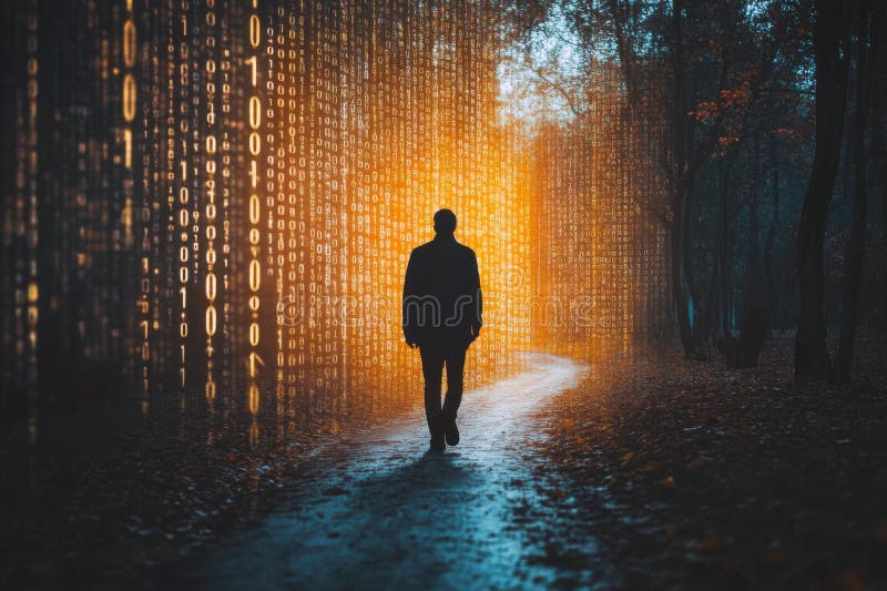 A Person Walks Along a Path Casting a Shadow Filled with Glowing Binary Code in a Dark Forest ...
