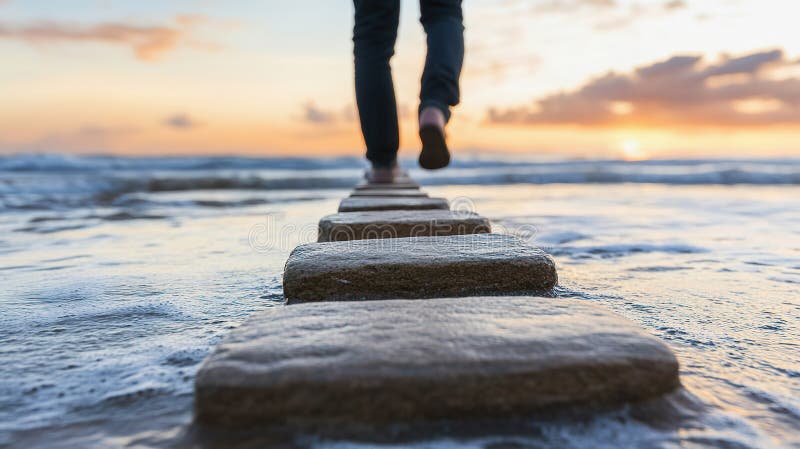 Person Walks Along Stepping Stones during Sunset, Symbolizing Progress ...