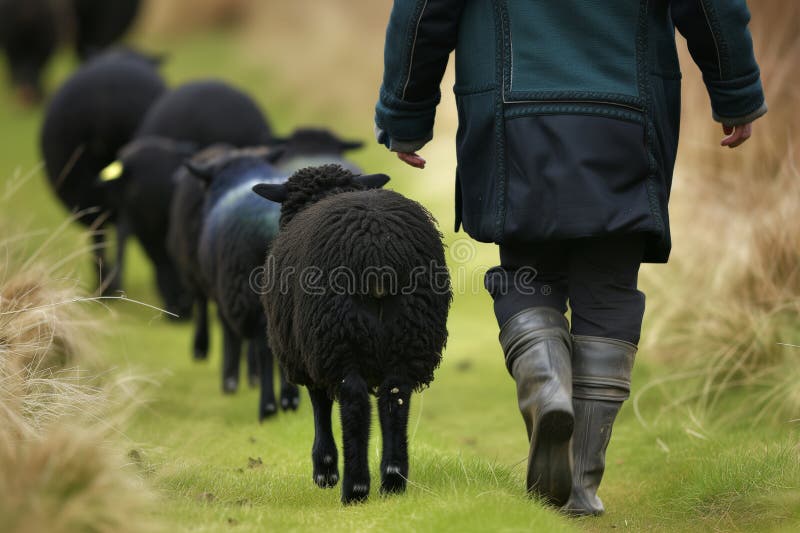 Person Walks with Flock, Black Sheep Trailing Stock Photo - Image of ...