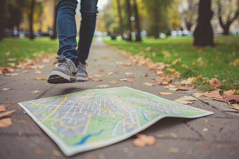 A Person Walks on a Path through a Park, with a Map Lying on the Ground ...